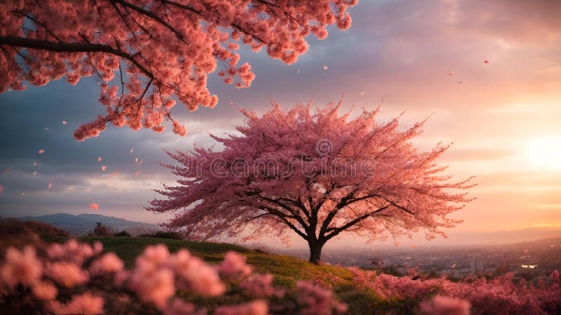 Scenic Sunset Over a Blossoming Pink Flower Tree, AI-generated. Stock ...
