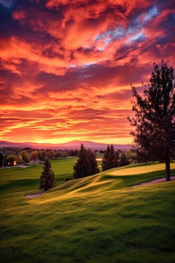 Scenic Sunset Over a Golf Course with Rolling Hills and Trees Stock ...