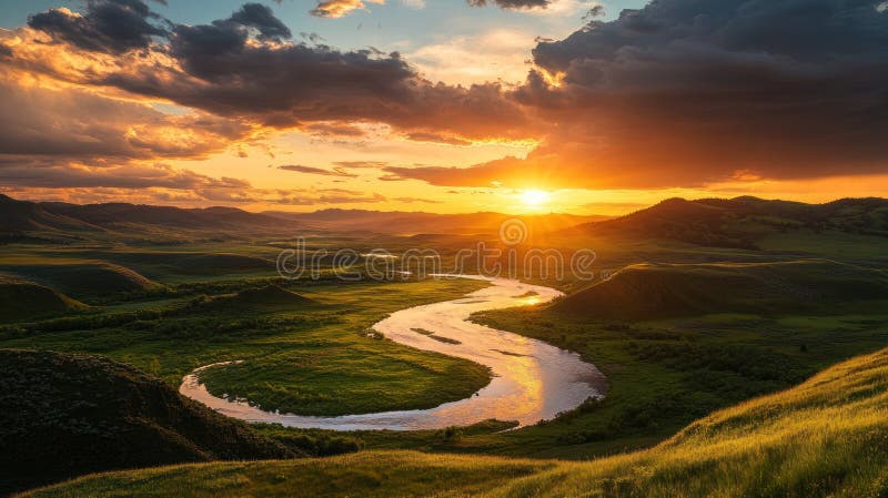 Scenic Sunset Over a Meandering River in a Verdant Valley Stock ...
