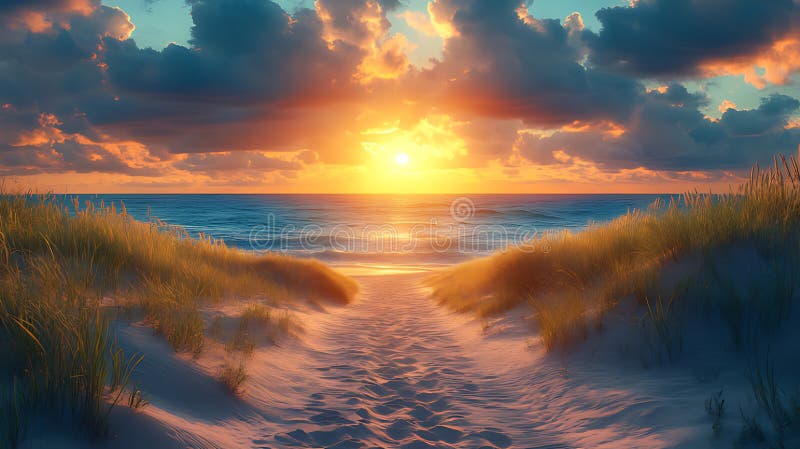 Scenic Sunset Over Ocean Beach with Sand Path through Dunes Stock ...