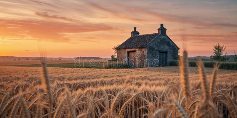 Scenic Sunset Over a Wheat Field with a Rustic Cottage in View Stock ...