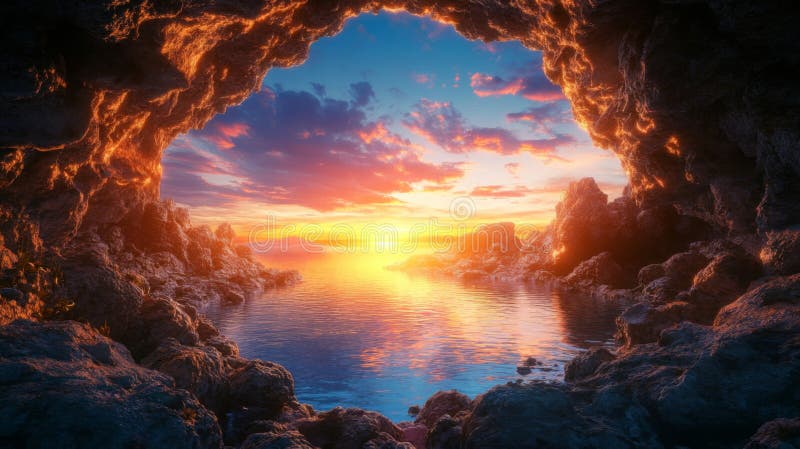 Scenic Sunset View from a Coastal Cave Opening Stock Illustration ...