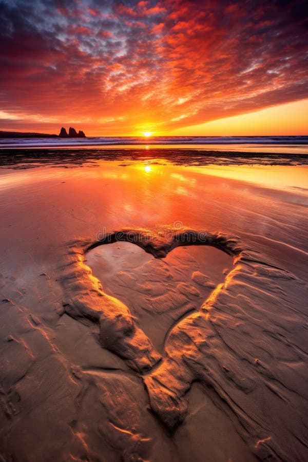 Scenic Sunset View with Heart Drawn in the Sand Stock Photo - Image of ...