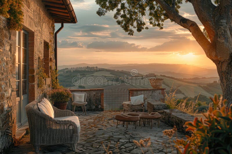 Scenic Sunset View from Rustic Cottage in the Countryside Stock ...