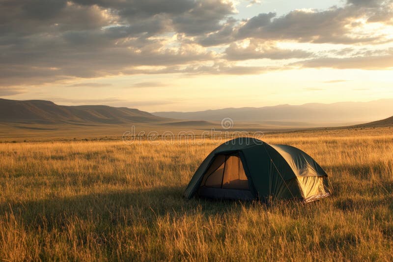 Scenic Sunset View Tent Serene Open Field Landscape Stock Photos - Free ...