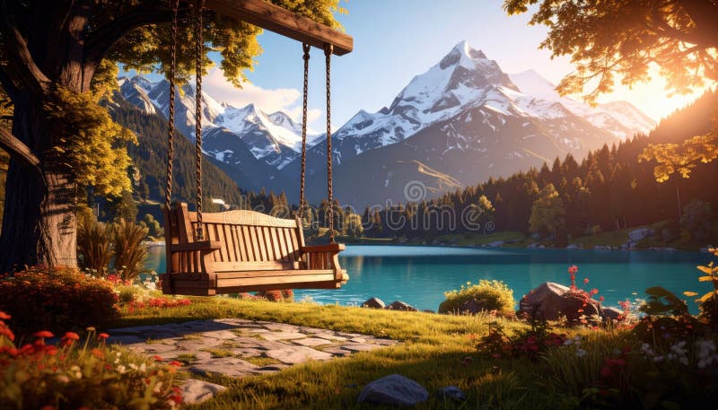 Scenic Swing by Tranquil Lake with Mountains at Sunset Stock ...