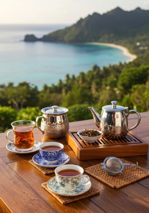 Scenic Tea Ceremony Overlooking Tropical Ocean Sunset Stock ...