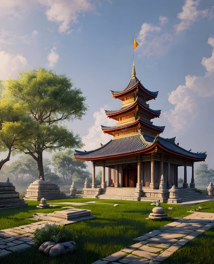 Scenic Temple Environment by Garden Foreground Stock Illustration ...