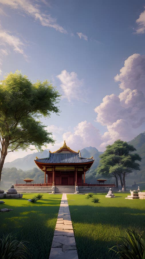 Scenic Temple Environment by Garden Foreground Stock Illustration ...