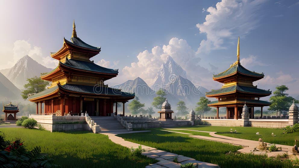 Scenic Temple Environment by Garden Foreground Stock Illustration ...