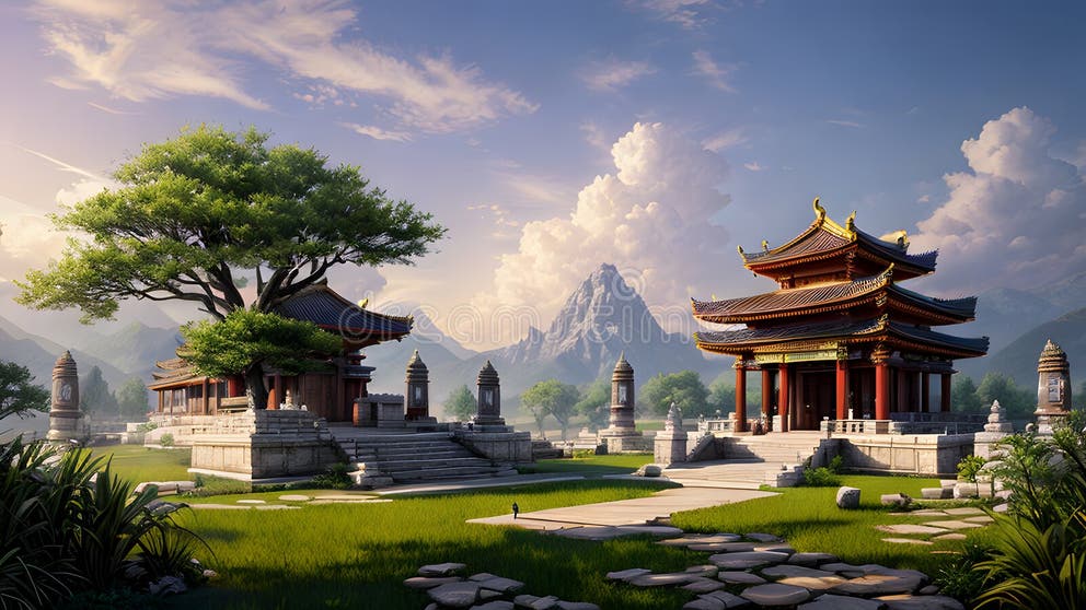 Scenic Temple Environment by Garden Foreground Stock Illustration ...