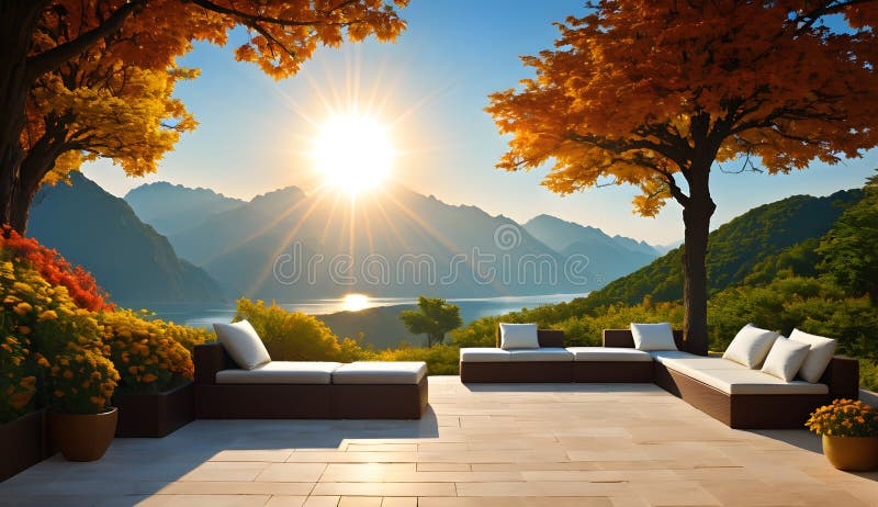 Scenic Terrace with Mountain View at Sunrise in Autumn Stock ...