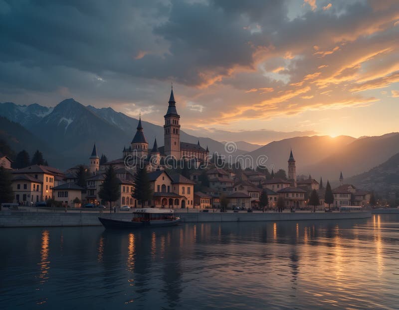 Scenic Townscape at Dusk with Mountain Backdrop and Water Reflection ...