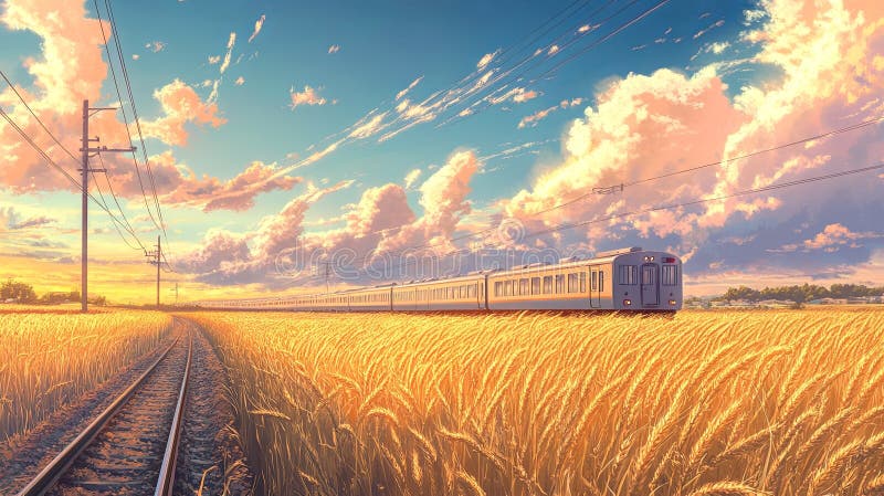 A Scenic Train Journey through Golden Wheat Fields Under a Pastel Sky ...