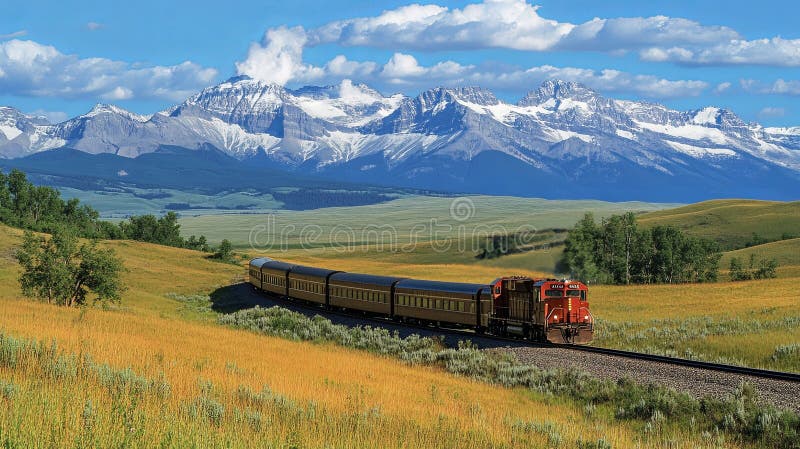 A Scenic Train Journey with Views of Rolling Hills and Snow-capped ...