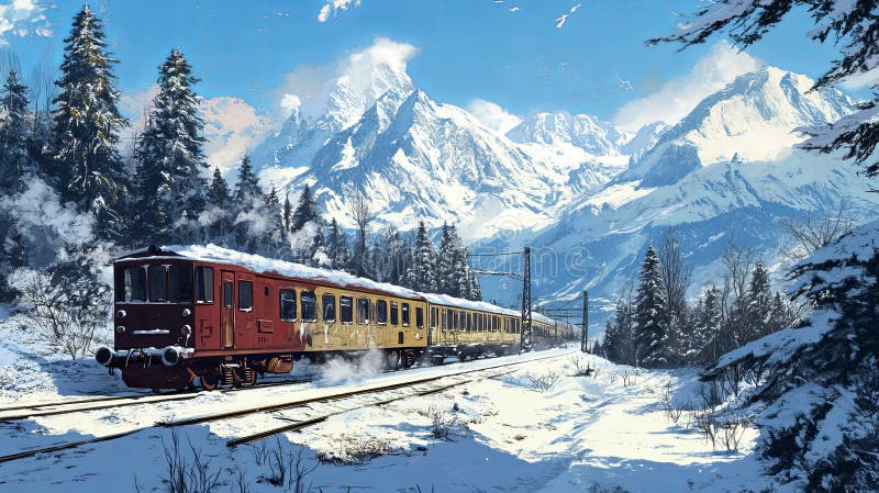 A Scenic Train Ride through Snow-covered Forests and Mountain Ranges Stock Photo - Image of ...