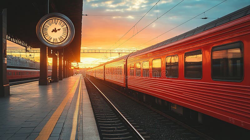 Scenic Train Station Platform at Sunset. Red Train Departs Stock ...