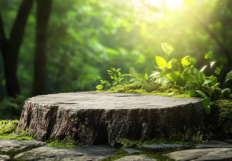 Scenic Tree Stump Product Display in Lush Forest High Quality Image ...