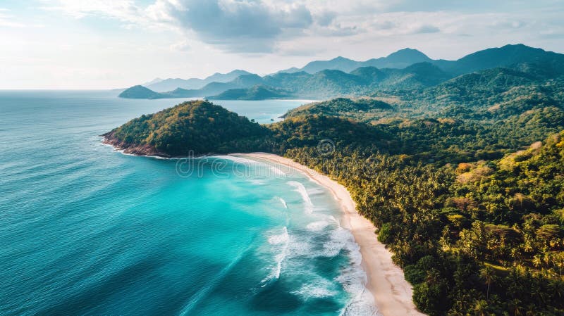 Scenic Tropical Beach with Lush Forest and Mountainous Horizon Stock ...