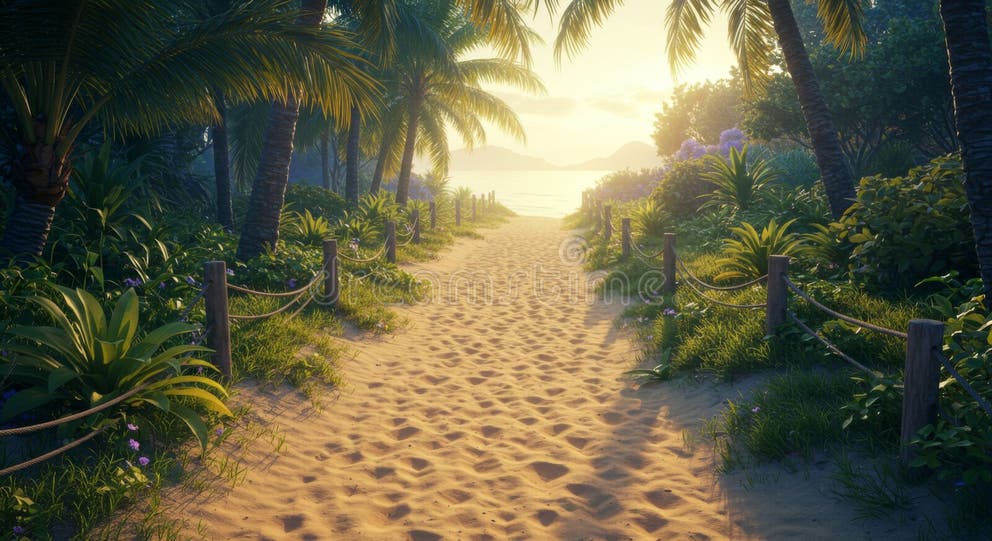 Scenic Tropical Beach Path at Sunset Stock Illustration - Illustration ...
