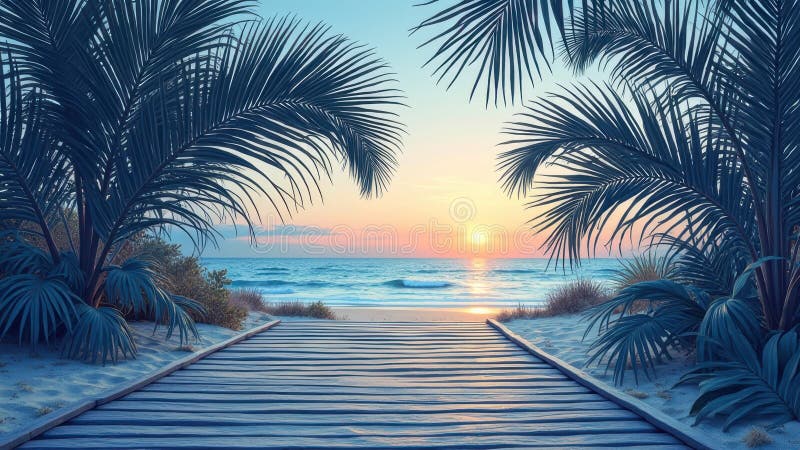 Scenic Tropical Beach Sunset with Wooden Path and Palm Trees Stock ...