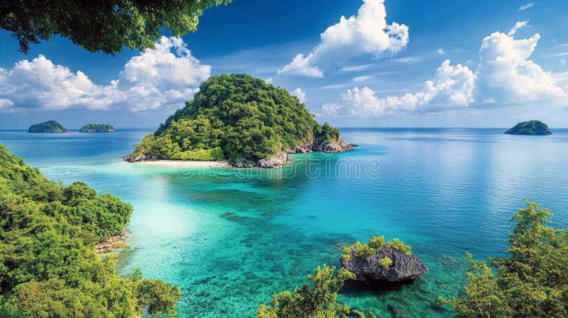 Scenic Tropical Island with Clear Blue Waters and Lush Greenery Under ...