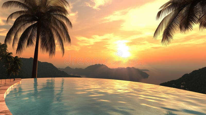 Serene Infinity Pool View Palm Trees Mountains Sunrise Reflection Stock ...