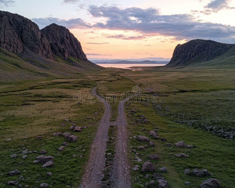 A Scenic Valley with a Diverging Path at Sunset. Stock Illustration ...