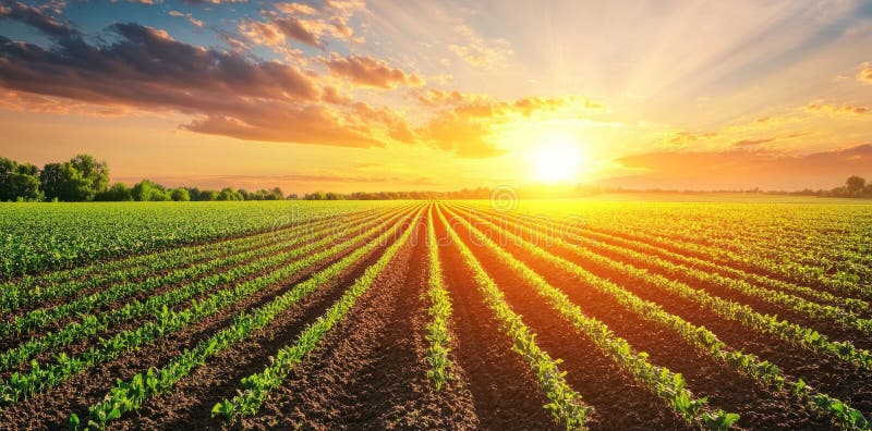 A Scenic View of an Agricultural Field at Sunset Features Rows of Crops ...