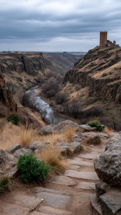 Scenic View of Ancient Tower Overlooking a River Canyon and Stone Path ...
