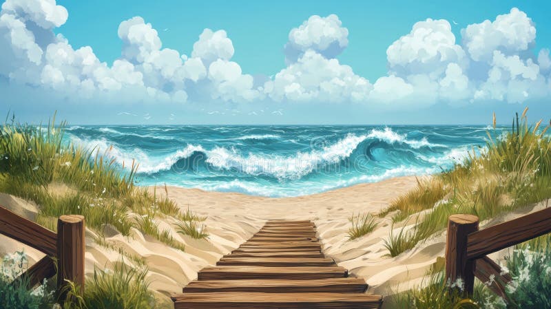 Scenic View of a Beach with Wooden Pathway Leading To Ocean Waves Stock ...