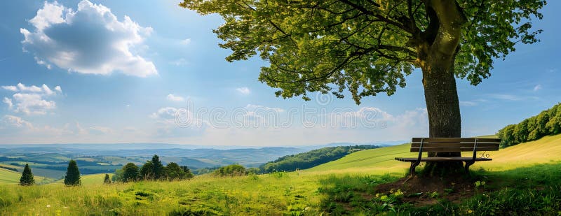 Scenic View Bench Under Tree on Hill Stock Illustration - Illustration ...