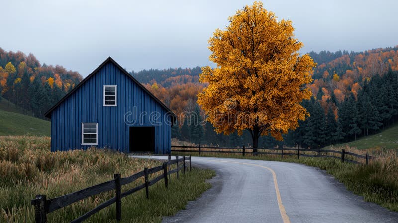Scenic View of a Blue Barn Vibrant Autumn Tree and Winding Road Stock ...