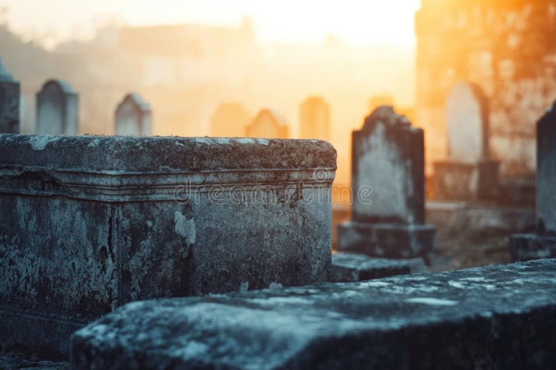 A Scenic View of a Cemetery at Sunset with Tombstones and Trees in the ...