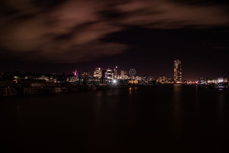 Scenic View of a Coastal City Skyline during Nightime Stock Image ...