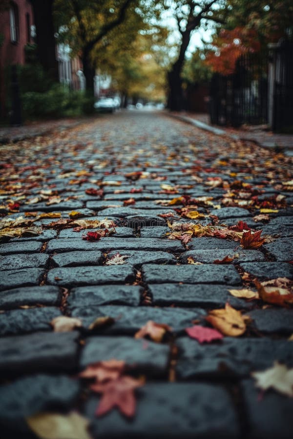 Cobblestone Road with Leaves Stock Image - Image of generated, fall ...