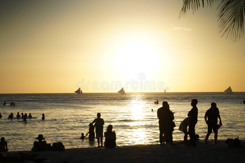 Scenic View of a Crowded Beach at Sunset Stock Image - Image of evening ...