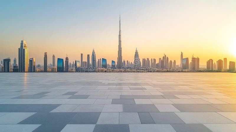A Scenic View of a Distant City Sunset is Set Against Empty Floor Tiles ...