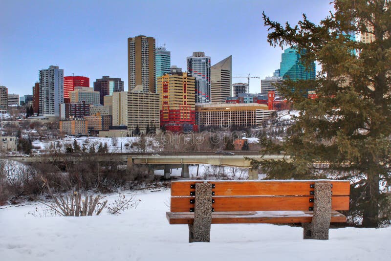 Edmonton Winter Skyline from a Park Bench Stock Photo - Image of ...