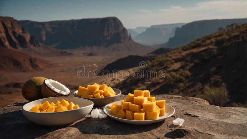Delicious Mango Cubes and Coconut on a Mountaintop Stock Illustration ...