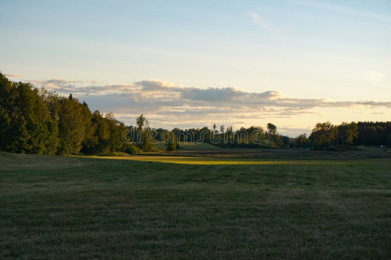 Scenic View of a Field during Evening Stock Image - Image of dusk, tree ...