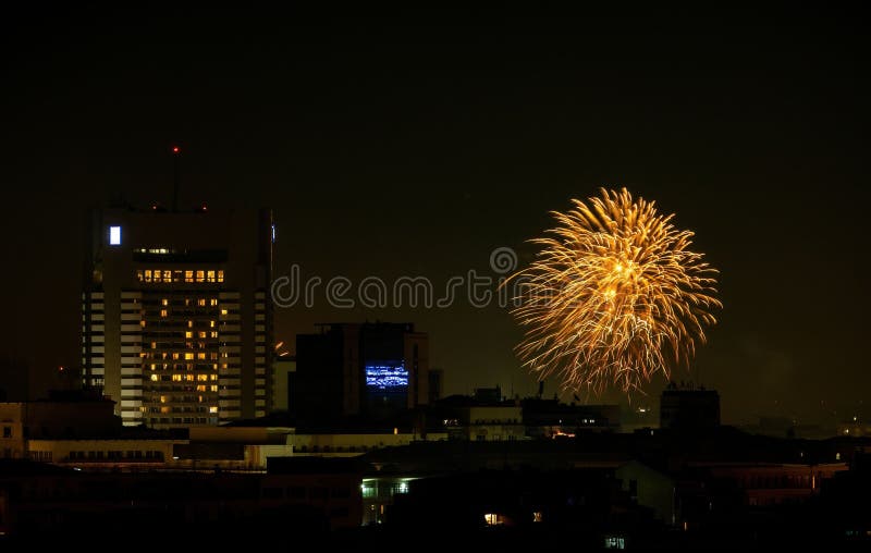 Scenic View of Fireworks Above a Modern Skyscrapers at Night Stock ...