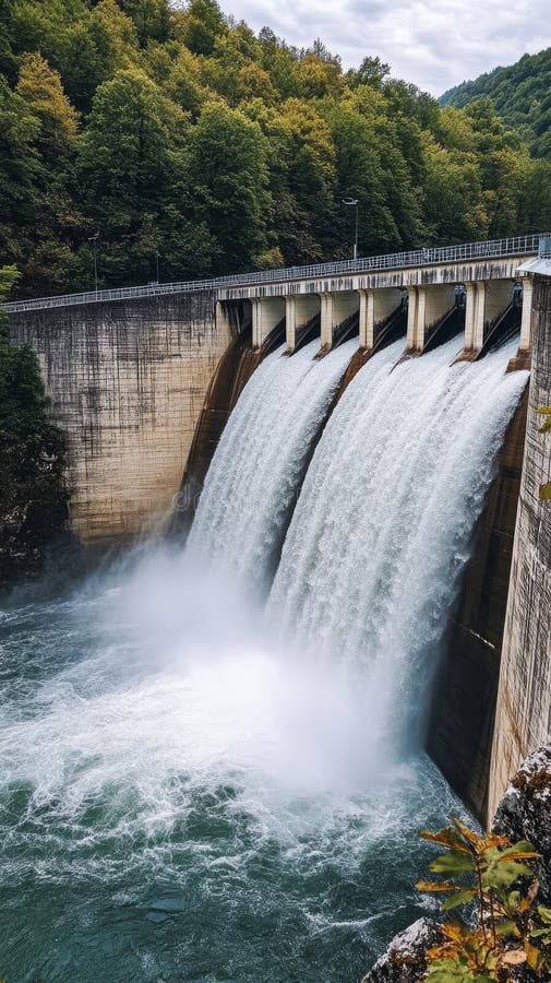 Scenic View of a Flowing Dam Surrounded by Lush Forest Stock Image ...