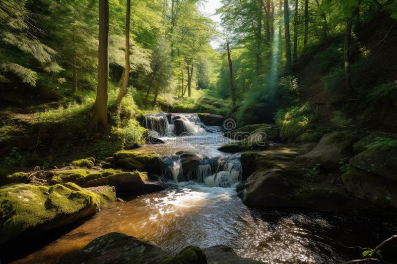 Scenic View of a Forested Valley with a Stream and Waterfall Stock ...