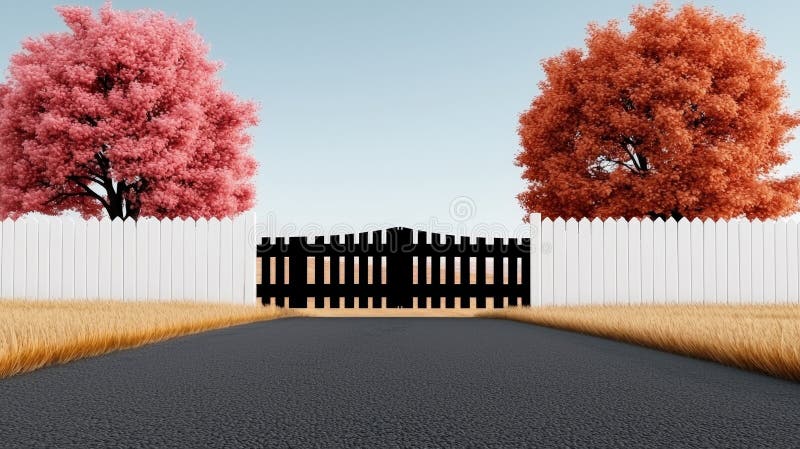 Scenic View of a Gate between Autumn Trees and a Clear Sky Stock ...