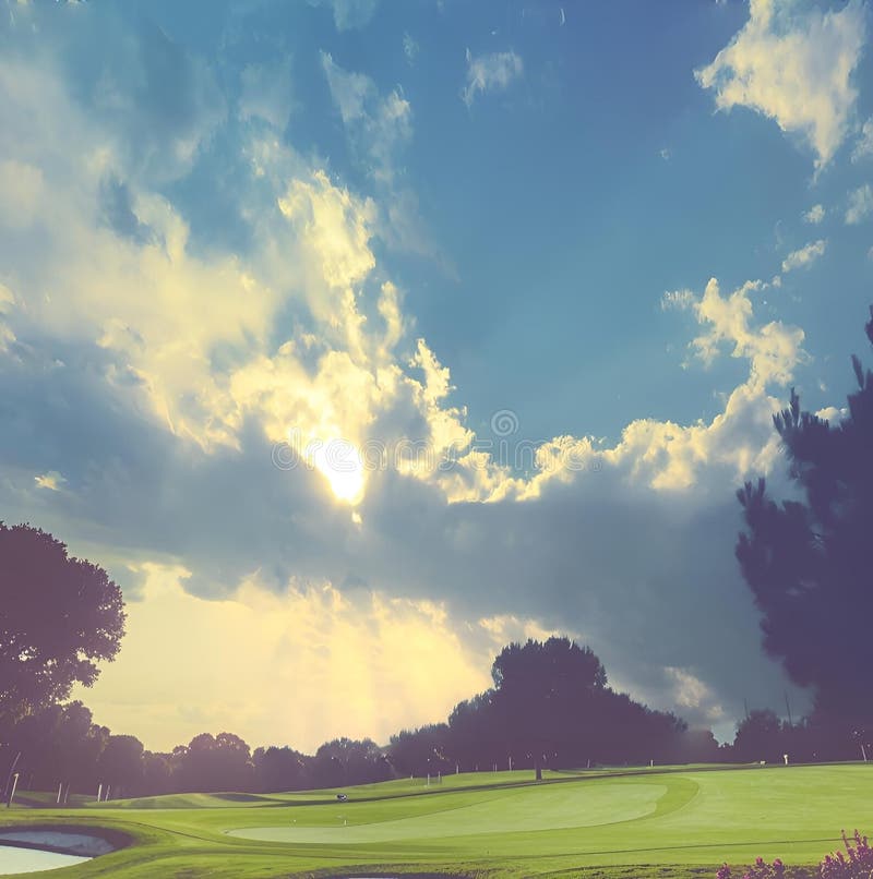 Scenic Golf Course with Sunbeams and Clouds. Stock Photo - Image of ...