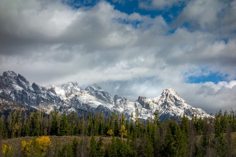 View of the Grand Teton Mountain Range in Autumn Stock Image - Image of ...