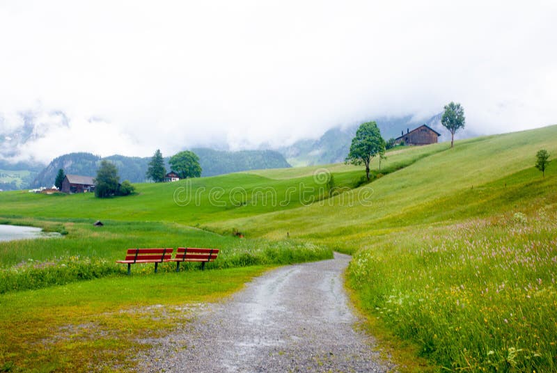 Scenic View of a Gravel Path Going through a Valley Surrounded by Hills ...