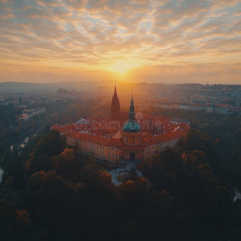 A Scenic View of a Historic Castle at Sunset, Surrounded by Lush ...