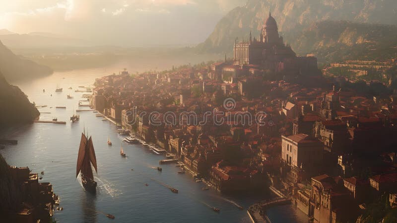 Scenic View of a Historic City by the River at Sunset Stock ...